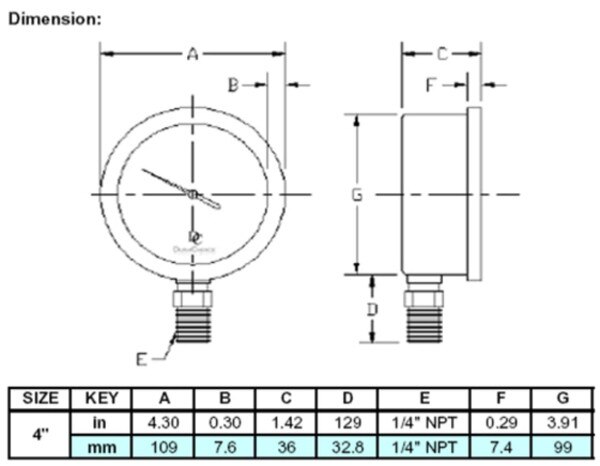 4" Face Vacuum Gauge Oil-Filled Lower Mount