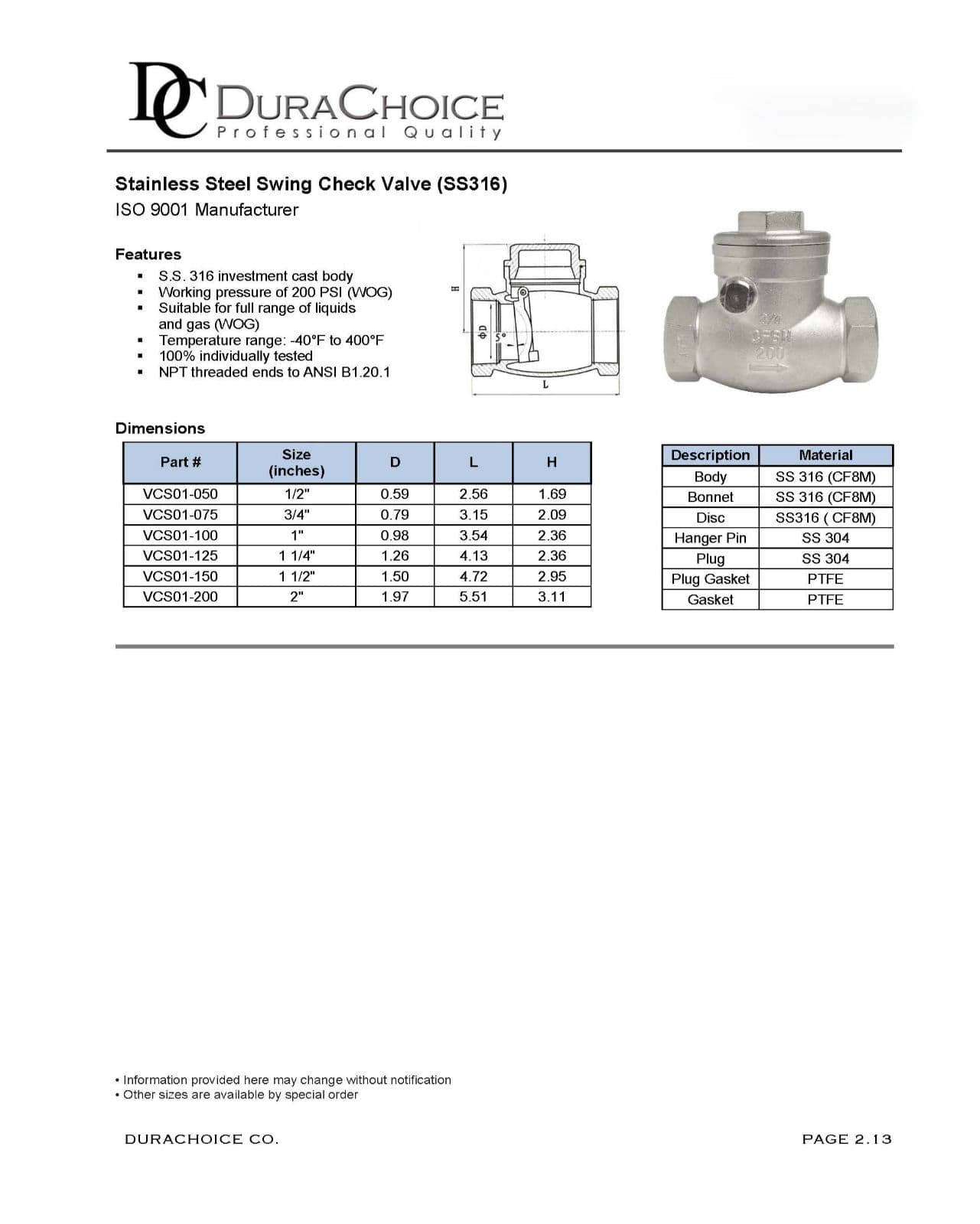 Stainless Steel (316) Swing Check Valve - 200WOG